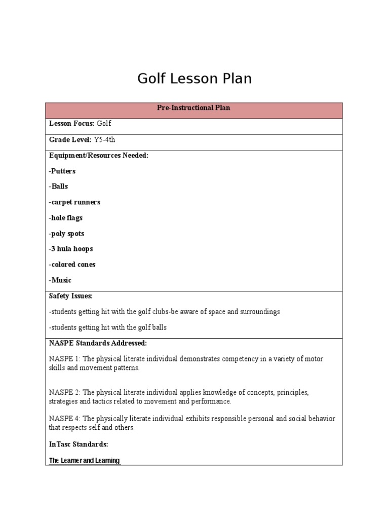 Elementary Golf Lesson Plan | PDF | Educational Assessment | Learning