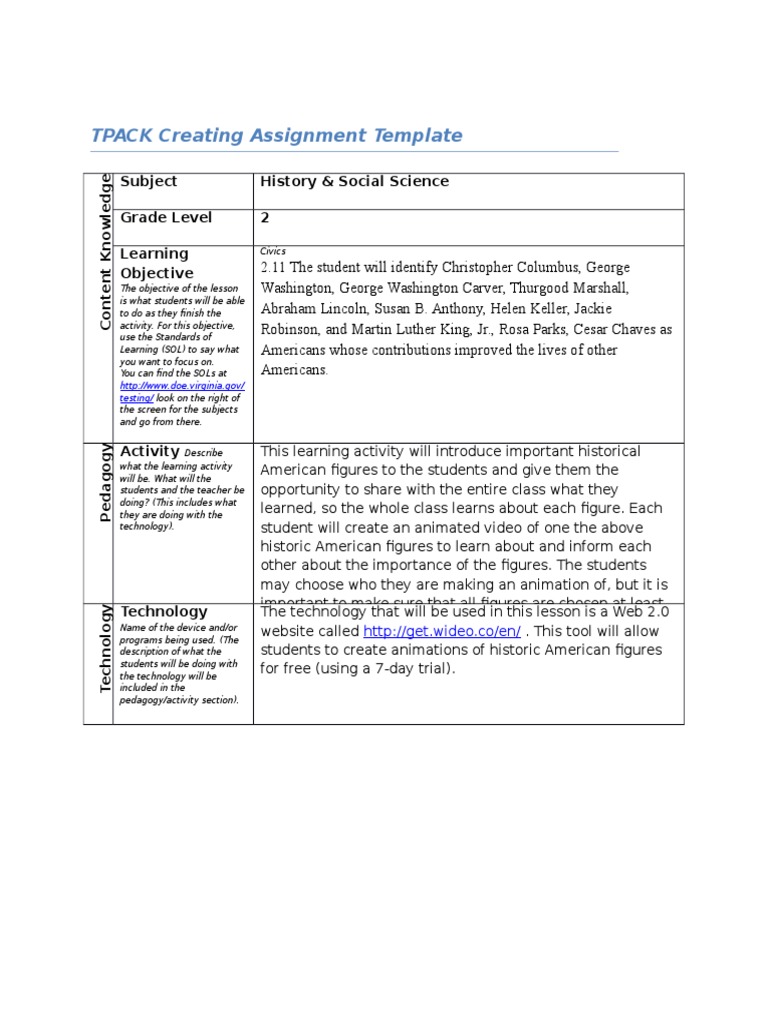 TPACK Creating Assignment Template: History & Social Science Grade ...