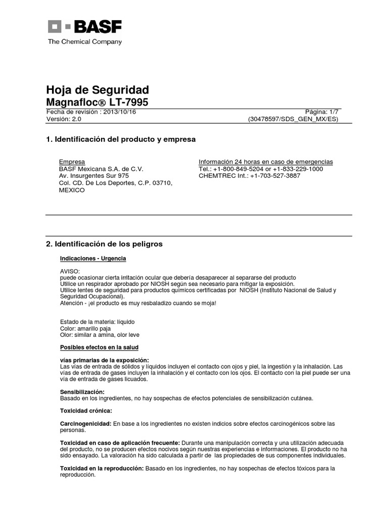 Hoja de Seguridad - Magnafloc - LT7995 (MSDS) | PDF | Toxicidad ...