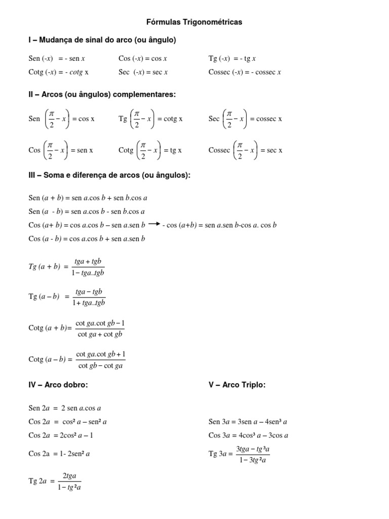Fórmulas Trigonométricas. | PDF