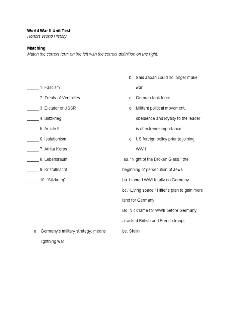 Honors World History: World War II Unit Test | PDF | Nazi Germany ...