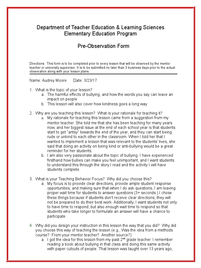 pre-observation form elm 375 | Bullying | Teachers
