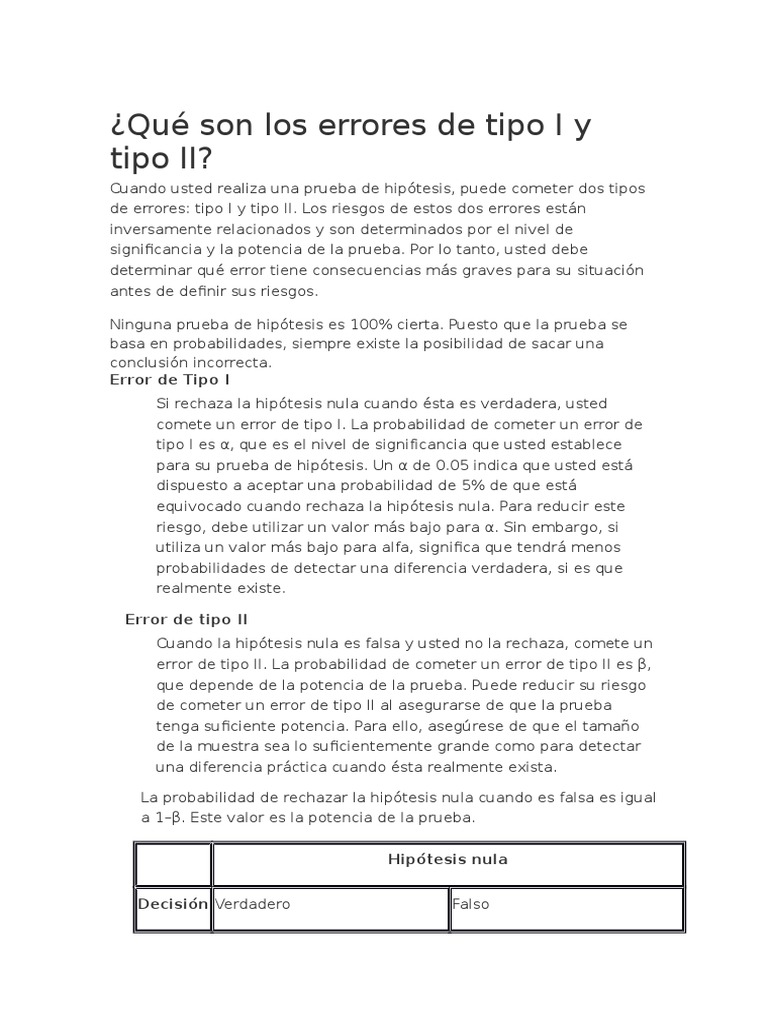 Qué Son Los Errores de Tipo I y Tipo II | PDF | Errores tipo I y tipo ...