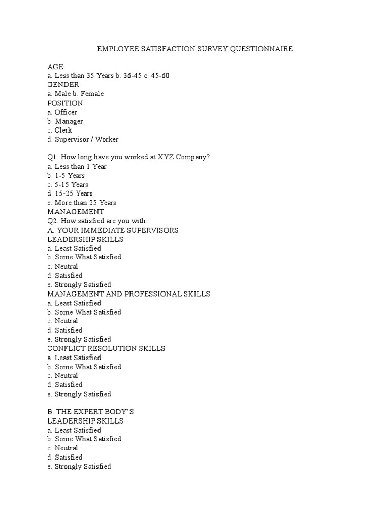 Employee Satisfaction Survey Questionnaire | PDF | Job Satisfaction ...