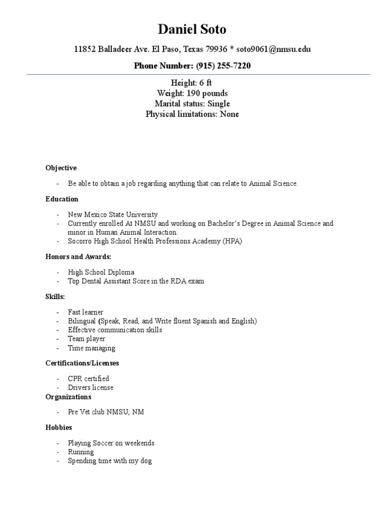 Animal Science Resume of Daniel Soto | PDF | Wellness