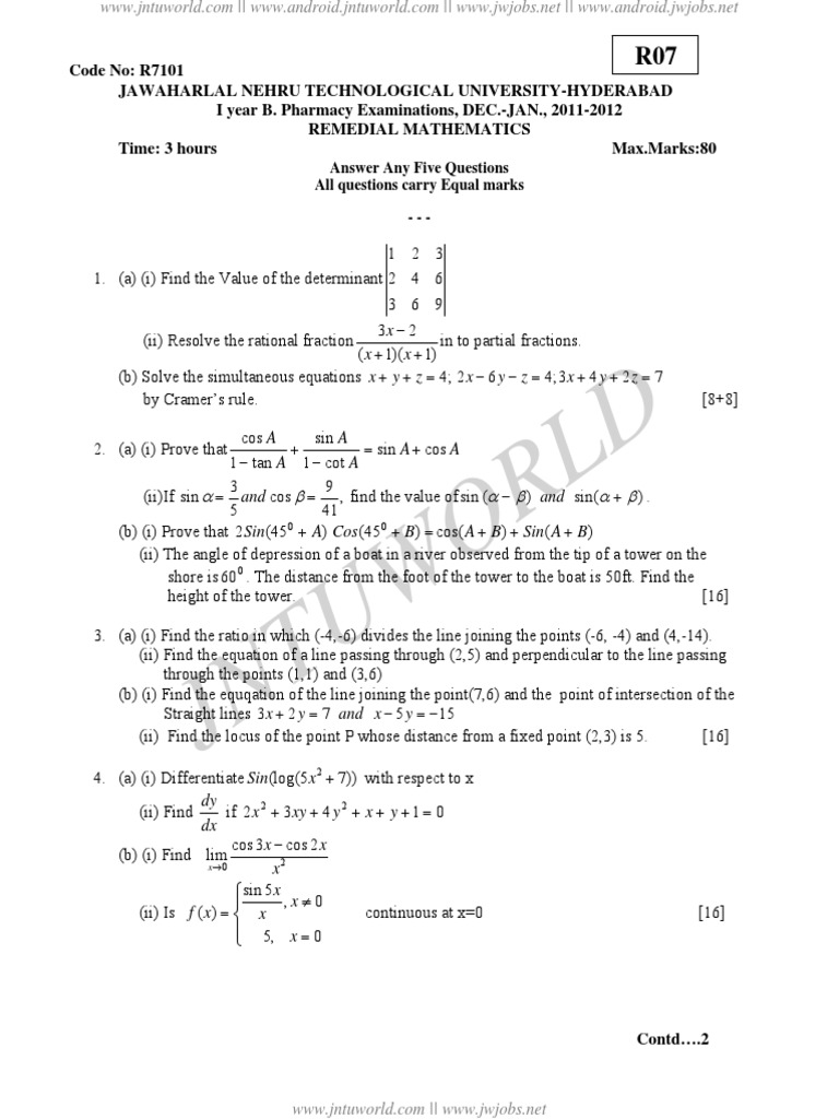 JNTU-Hyderabad B.Pharmacy I Year Remedial Mathematics Questions | PDF ...