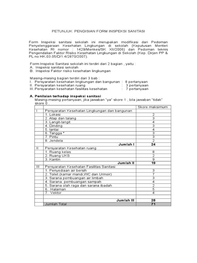 Petunjuk Pengisian Form Inspeksi Sanitasi | PDF