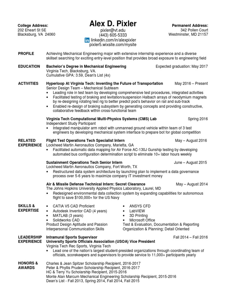 Alex Pixler Resume 01 17 | PDF | Mechanical Engineering | Engineering
