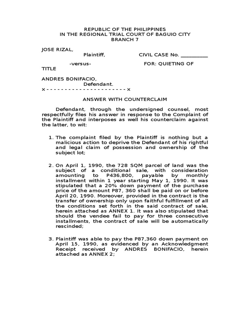 Answer with Counterclaim in Title Case | PDF | Lawsuit | Virtue