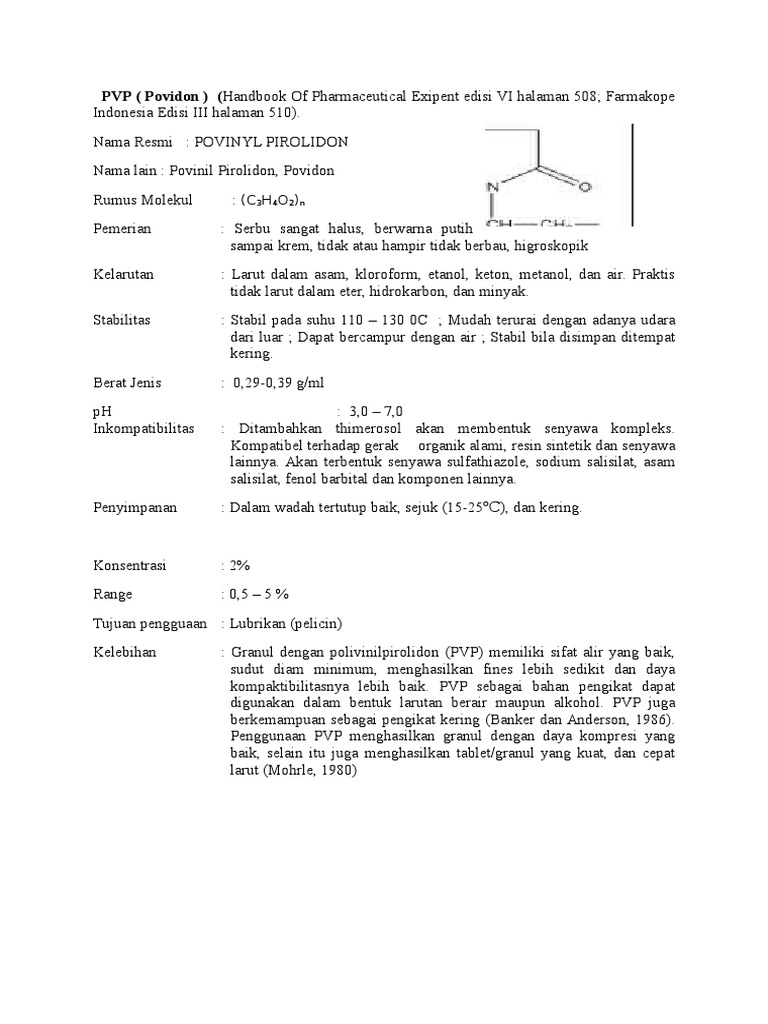 PVP (Povidon) (Handbook of Pharmaceutical Exipent Edisi VI Halaman 508 ...