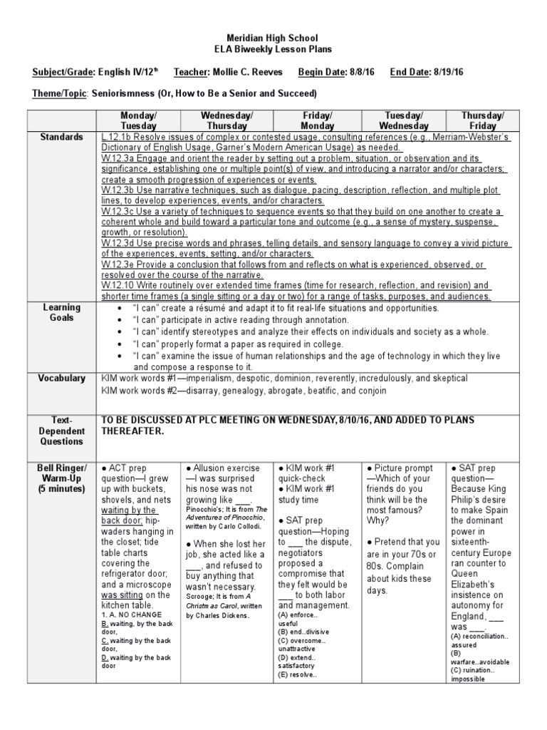 ELA Lesson Plans for 12th Grade English IV | PDF | Lesson Plan ...