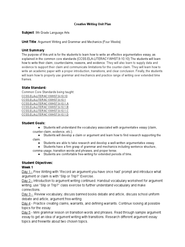 Subject: Unit Title: Unit Summary:: Creative Writing Unit Plan | PDF ...