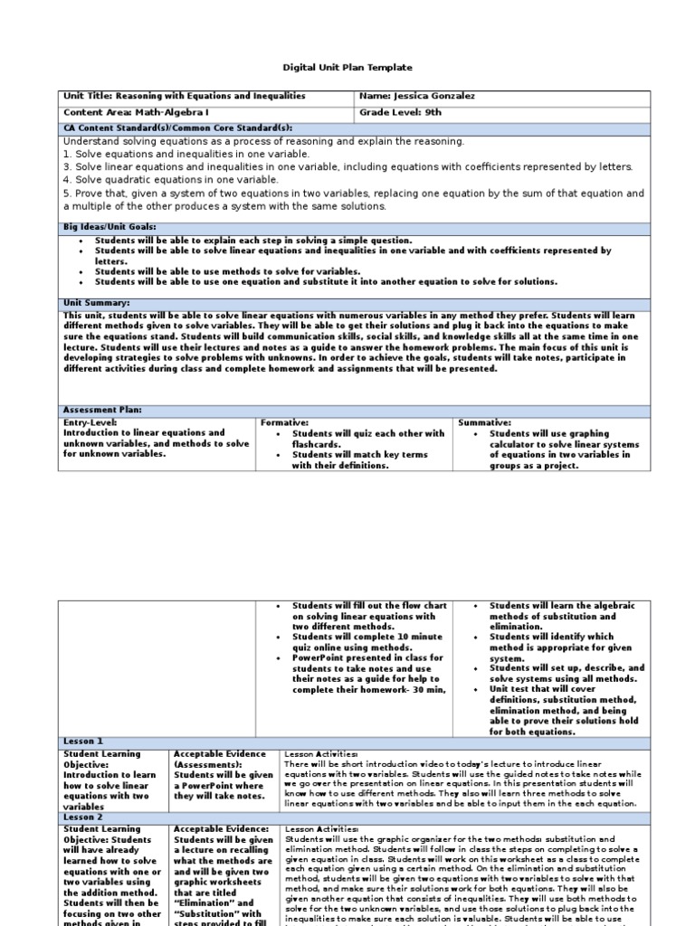 Algebra I Unit Plan: Equations & Inequalities | PDF | Equations ...