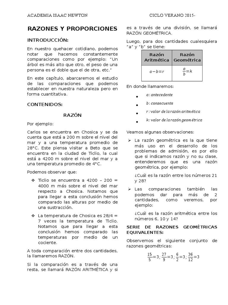 Problemas de Razón y Proporción | PDF | Proporción | Matemática Elemental