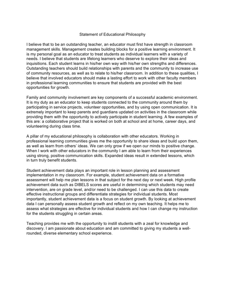 Statement of Educational Philosophy | PDF | Philosophy Of Education ...
