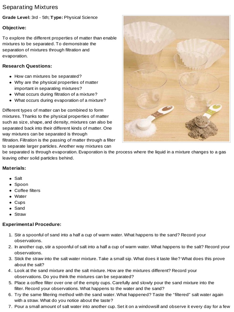 4th Grade Separating Mixtures | PDF