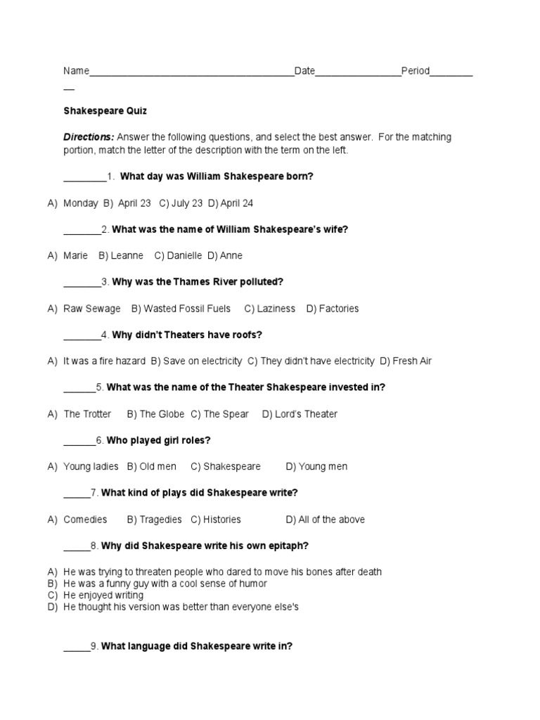Shakespeare Quiz: Directions: Answer the following questions, and ...