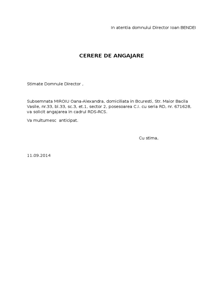 Cerere Angajare | PDF