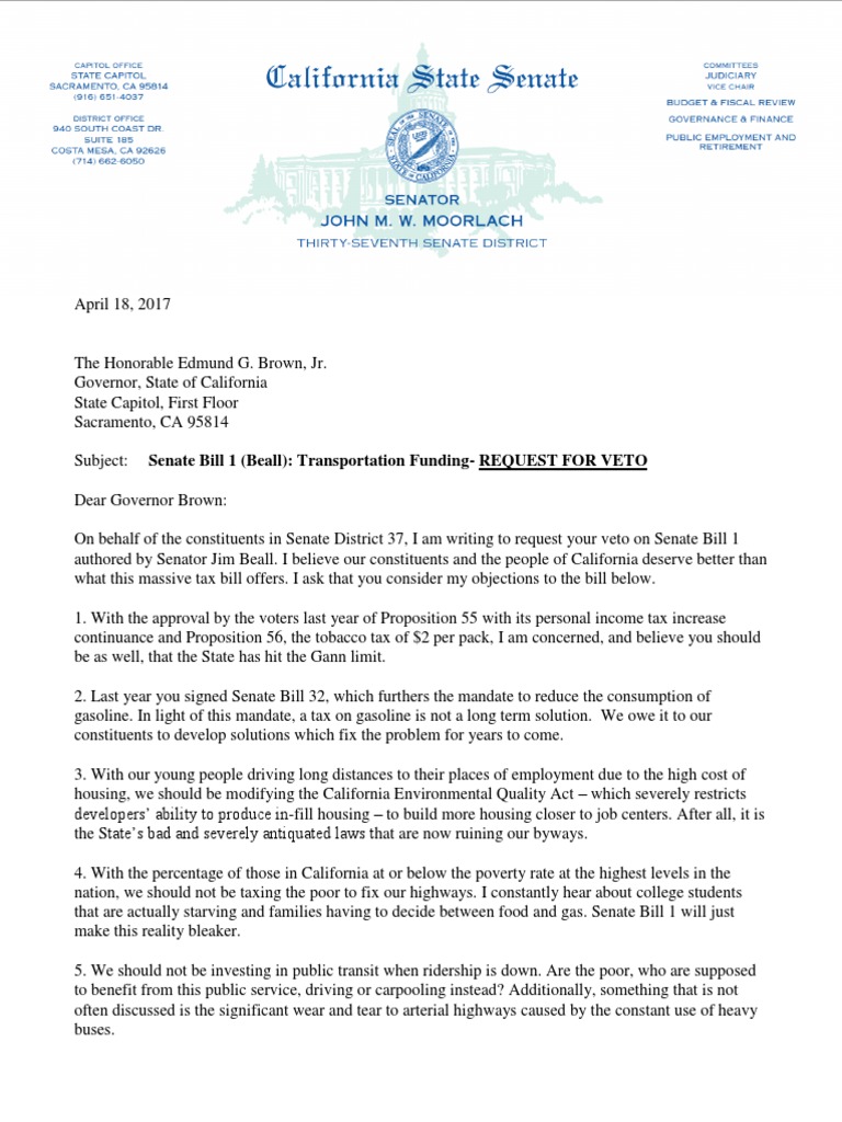 Senate Bill 1 Veto Letter | PDF | California | Veto