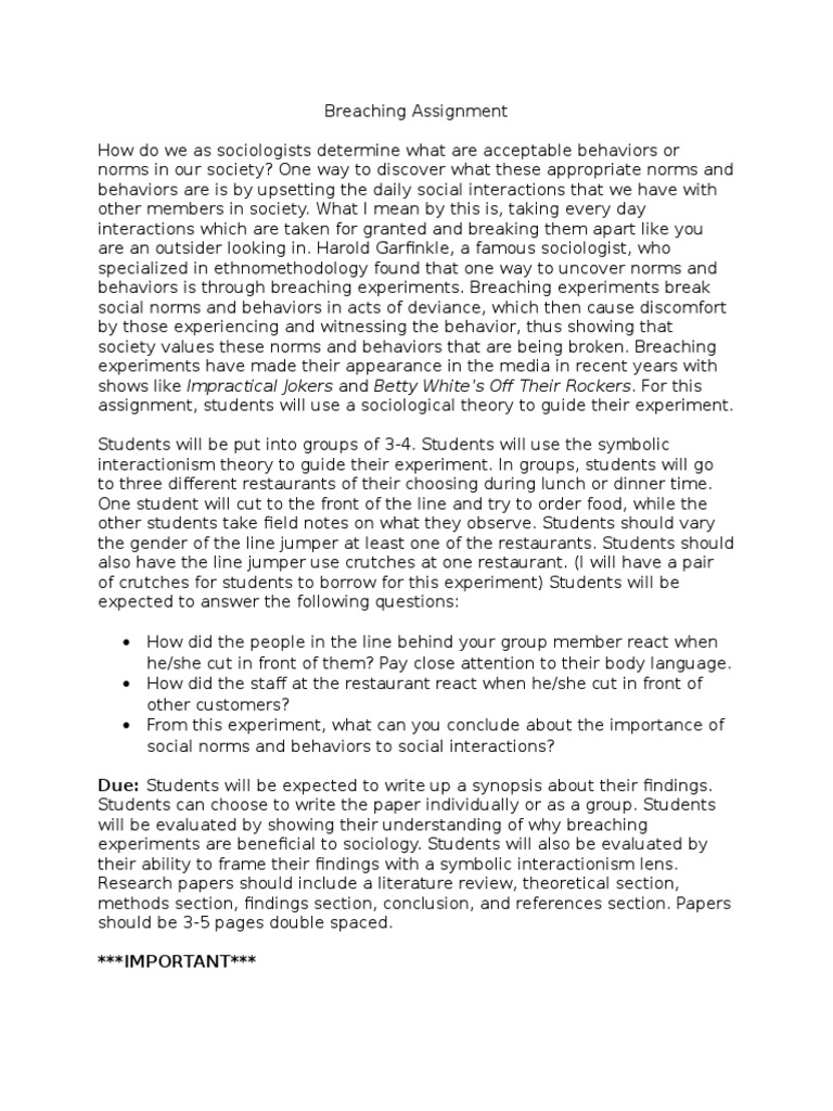 Breaching Assignment | PDF | Norm (Social) | Sociology