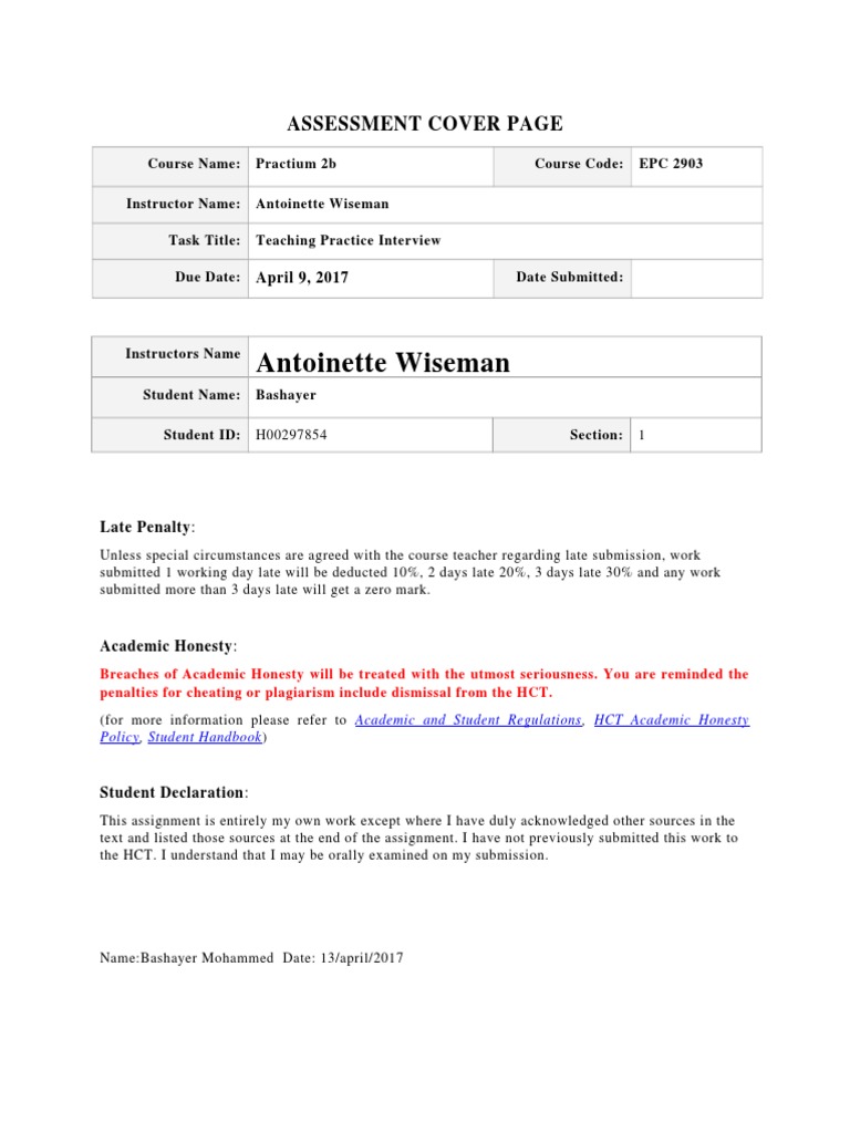 Assessment Cover Page | PDF | Academic Dishonesty | Learning Styles