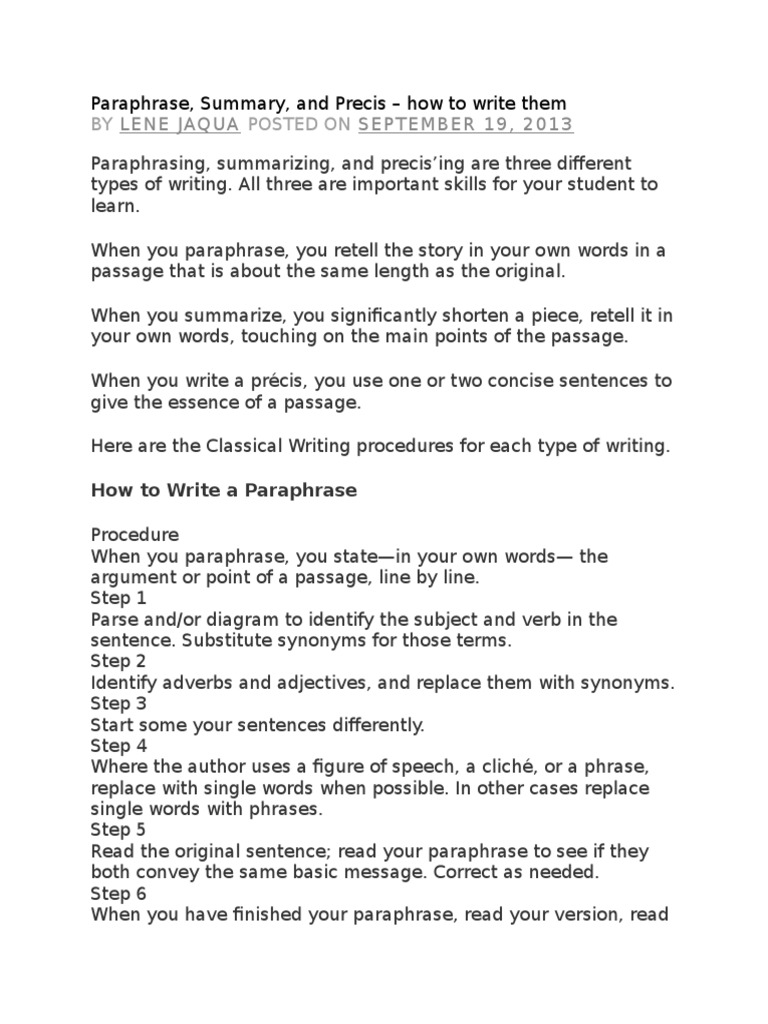 Paraphrase, Summary, and Précis Guide | PDF | Sentence (Linguistics ...