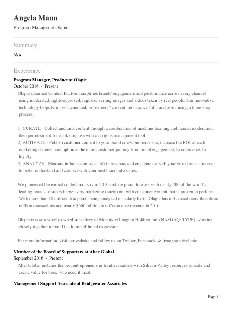Angela Mann: Program Manager at Olapic | PDF | Brand | Business