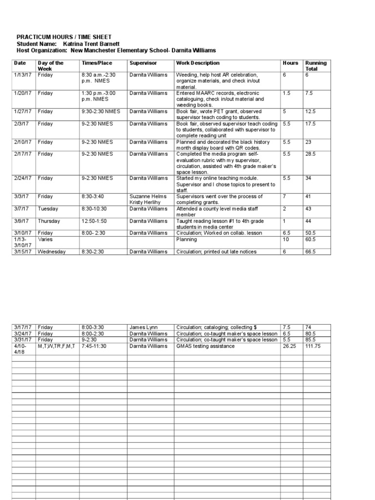 Practicum Hours / Time Sheet Student Name: Katrina Trent Barnett Host ...