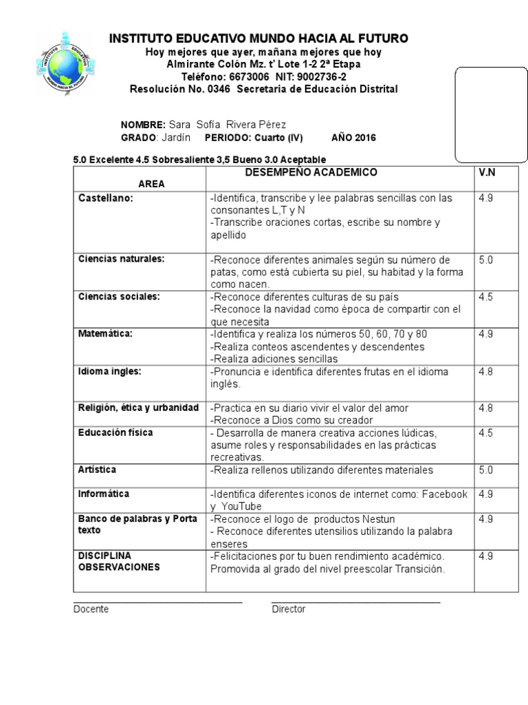 Formato Boletines Preescolar | PDF | Jardín de infancia | Educación Física
