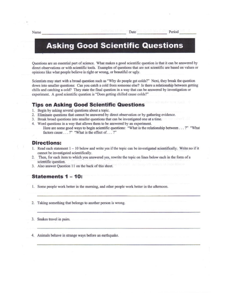 Asking Good Scientific Questions Worksheet | PDF