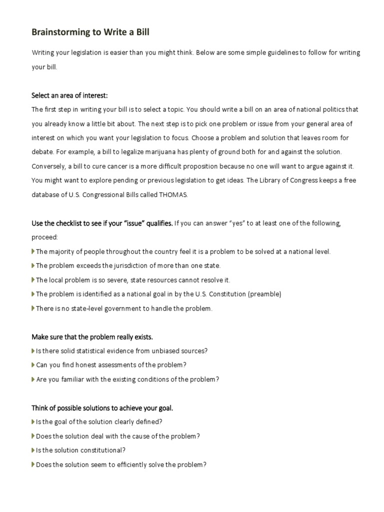 Brainstorming and Drafting A Bill | PDF | Bill (Law) | United States ...