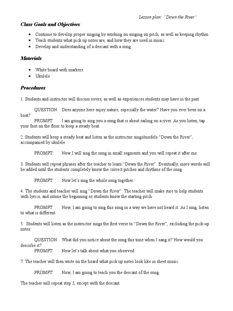 Down the River Music Lesson Plan | PDF | Lesson Plan | Singing