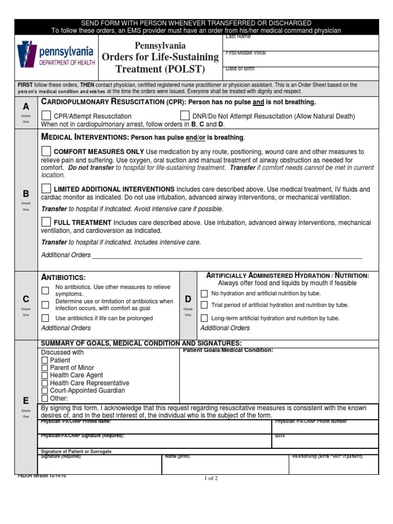 POLST Form | PDF | Cardiopulmonary Resuscitation | Medical Specialties