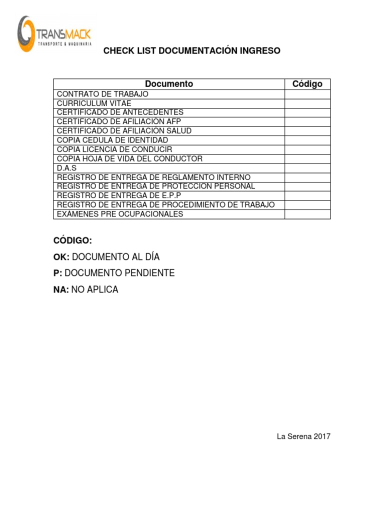 Check List Equipos Documentos Ingreso Personal