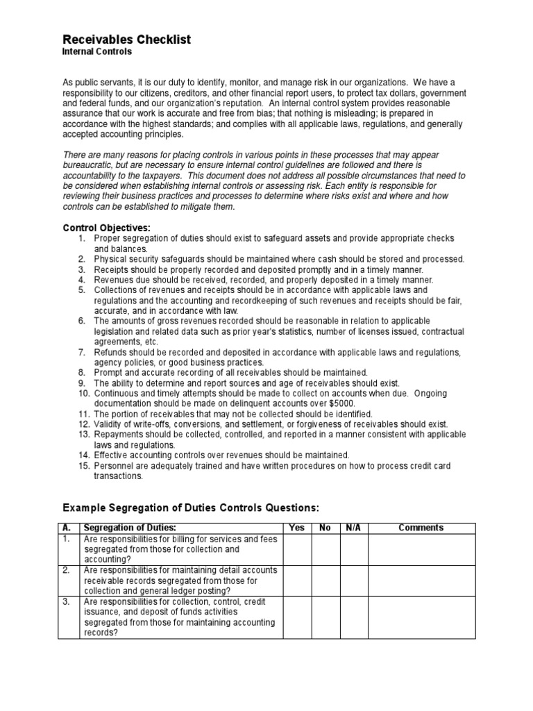 Receivables Checklist | Invoice | Revenue