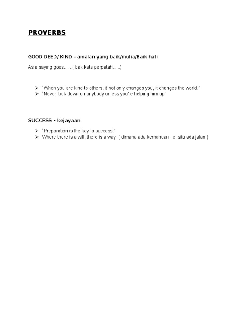 Proverbs: GOOD DEED/ KIND - Amalan Yang Baik/mulia/baik Hati | PDF