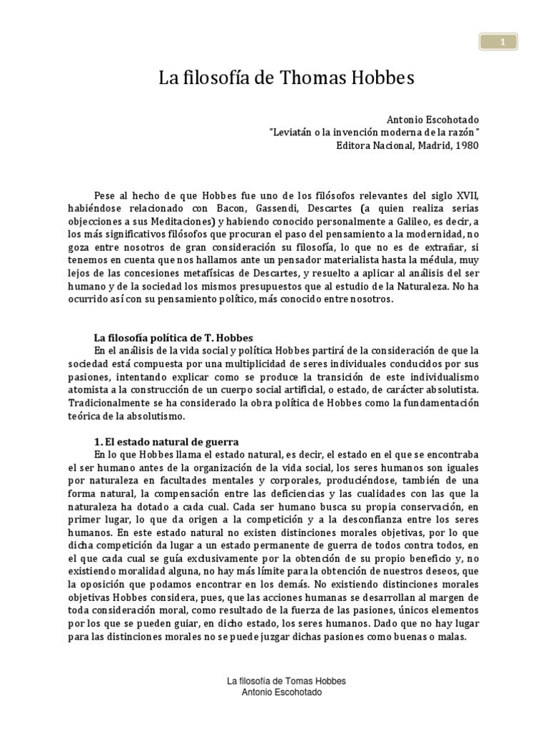 Resumen de la filosofía de Hobbes | PDF | Leviatán (libro) | Thomas Hobbes