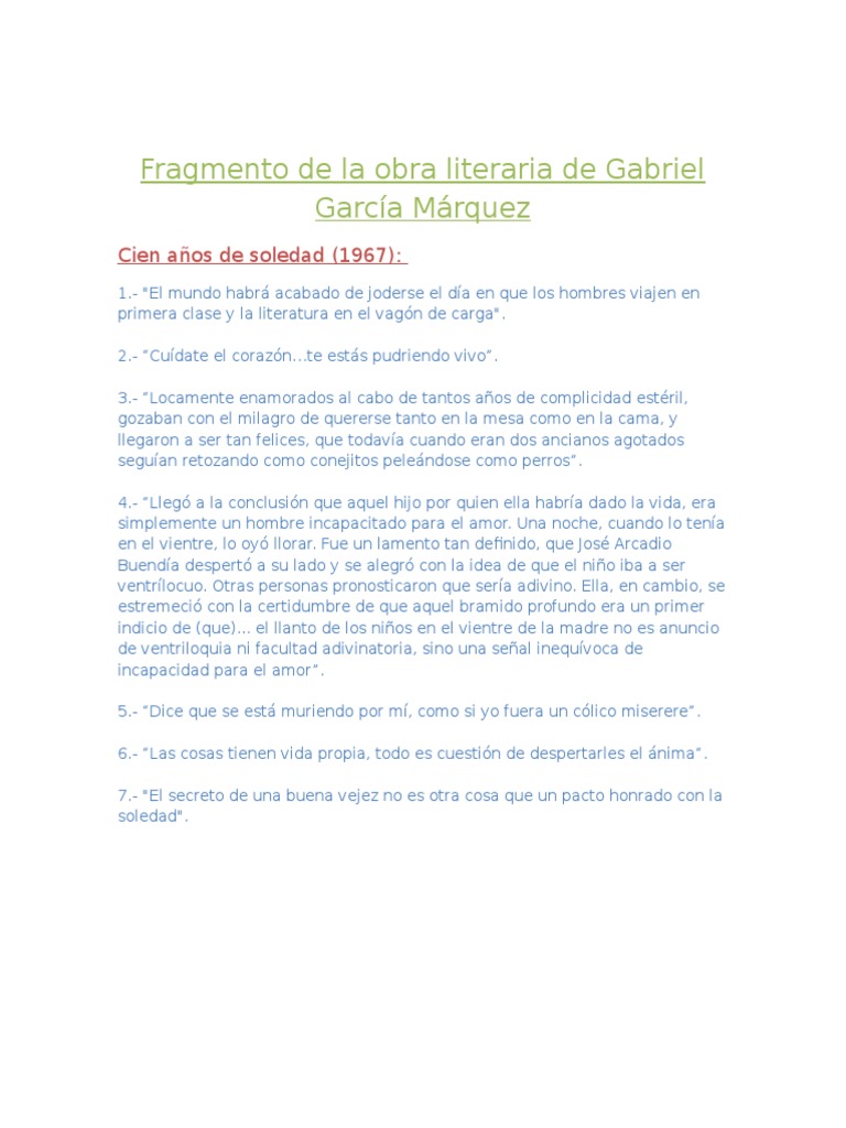 Fragmento de La Obra Literaria de Gabriel García Márquez