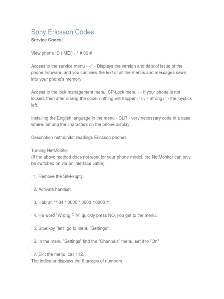 Sony Ericsson Codes | PDF | Watt | Computer Hardware