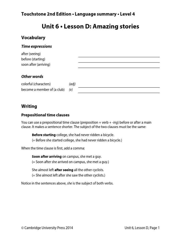 Unit 6 - Lesson D: Amazing Stories: Touchstone 2nd Edition - Language Summary - Level 4 | PDF