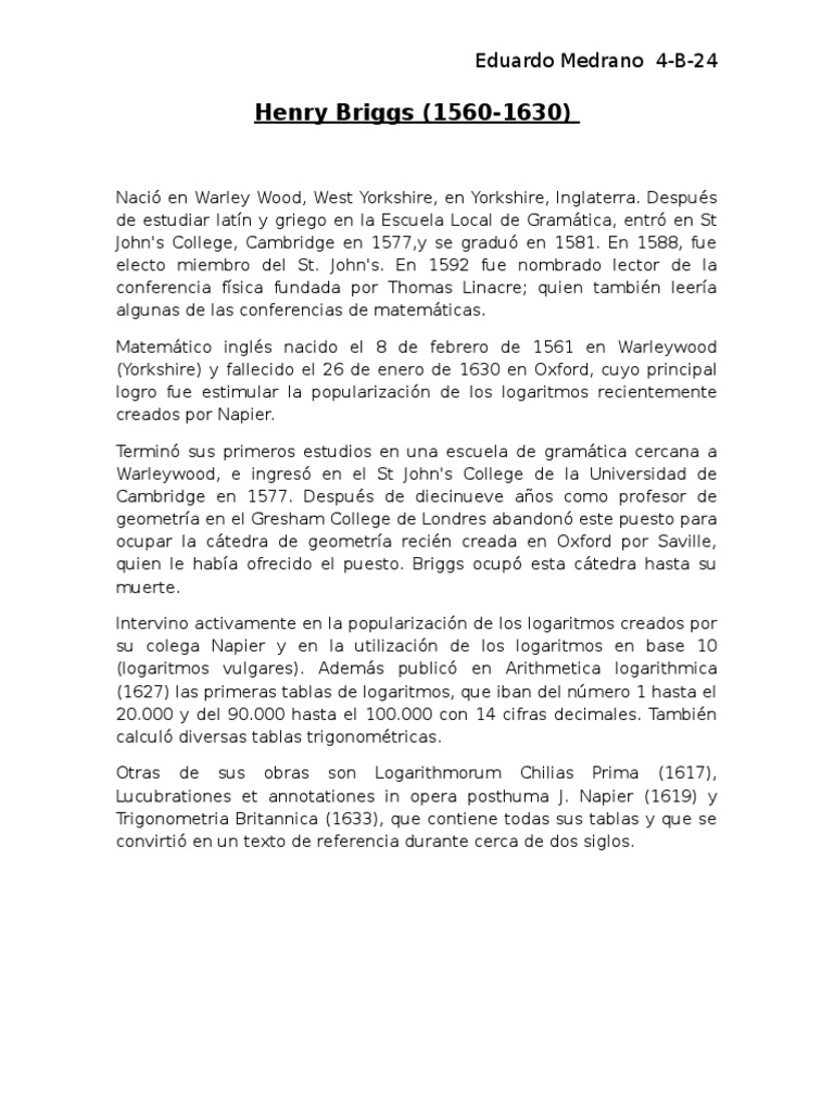 Biografía de Henry Briggs, matemático | PDF