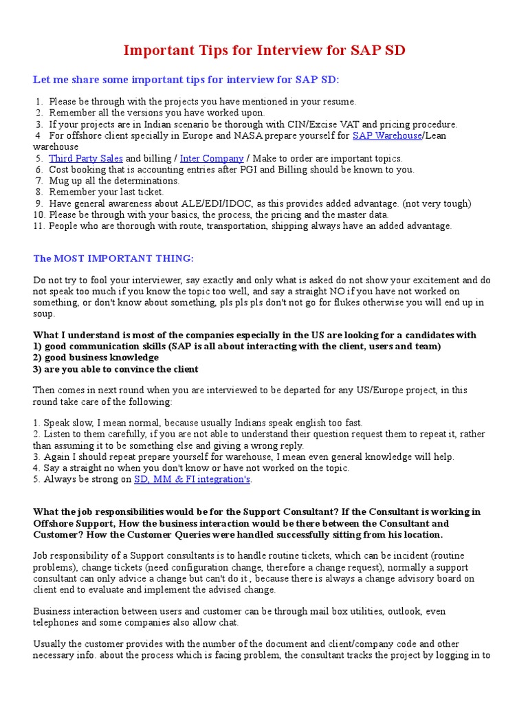 Let Me Share Some Important Tips For Interview For SAP SD | PDF ...