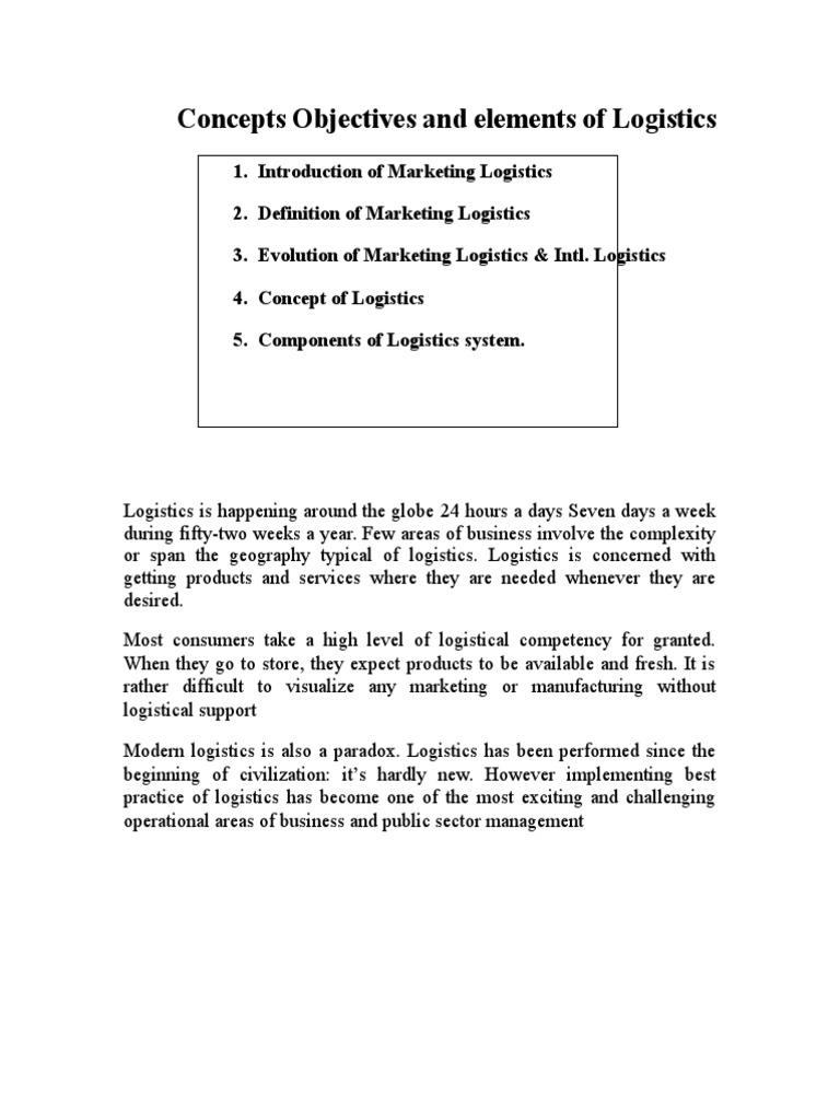 Concepts Objectives and Elements of Logistics | PDF | Logistics | Warehouse