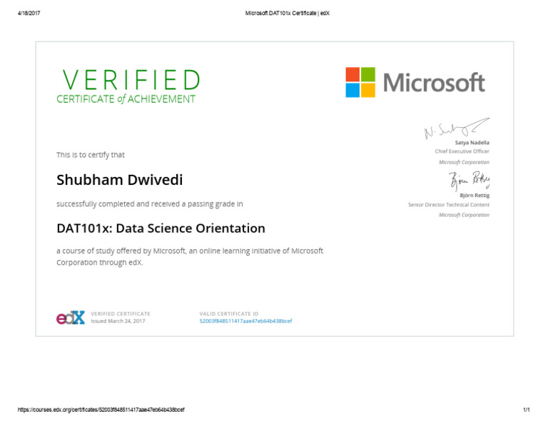 Microsoft Data Science Course Certificate | PDF | Computers