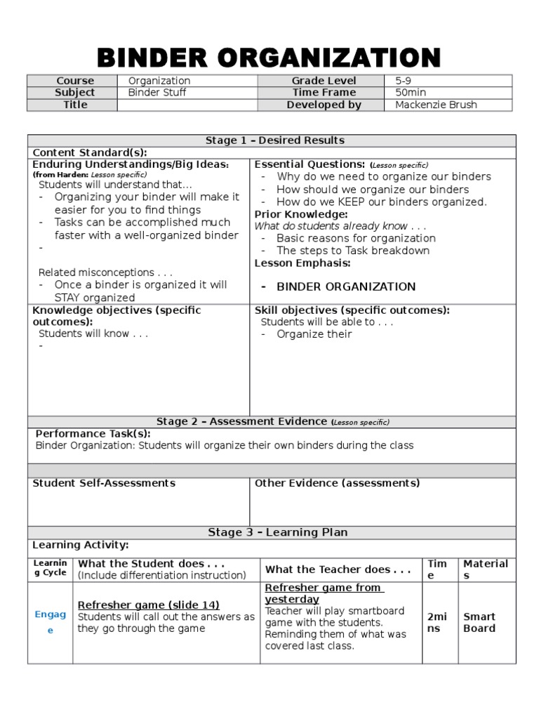 Binder Organization Lesson Plan | PDF | Educational Assessment | Lesson ...