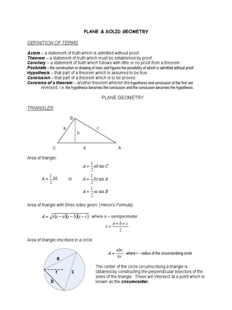 Plane & Solid Geometry Handouts | PDF | Circle | Area