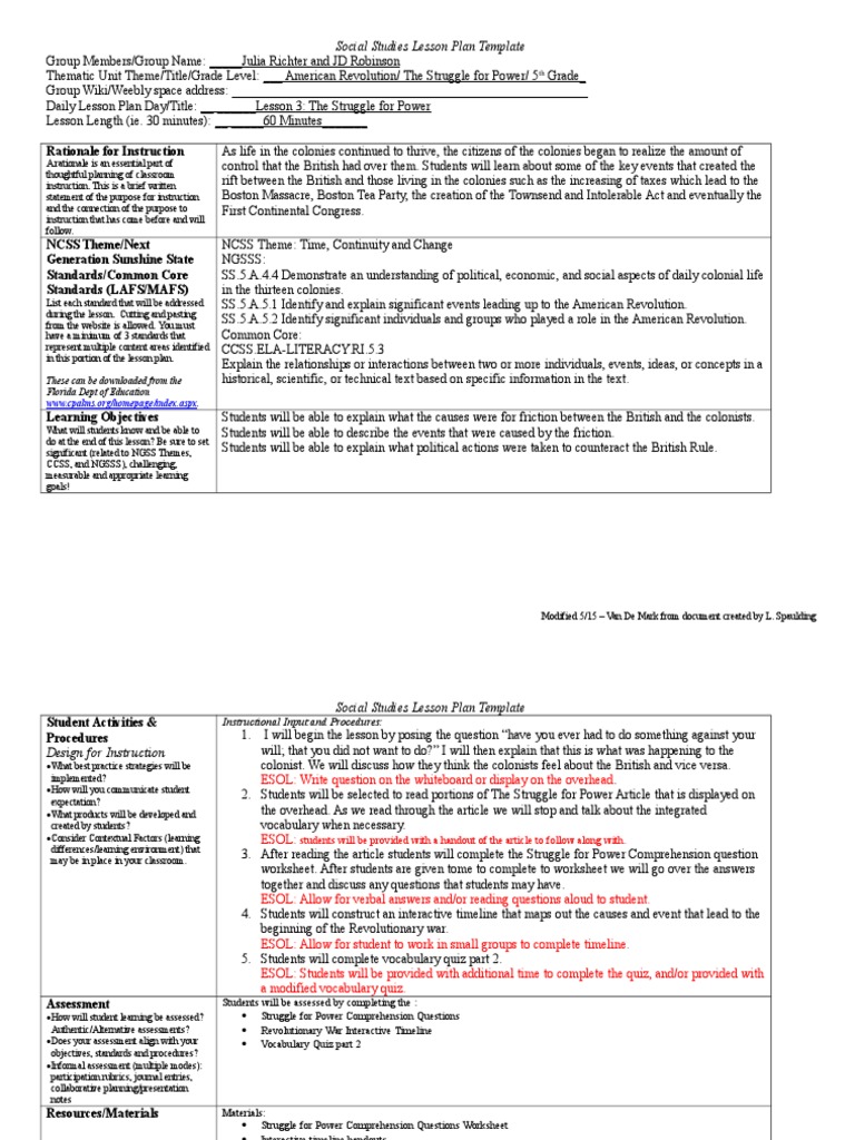 Rationale For Instruction: Social Studies Lesson Plan Template ...