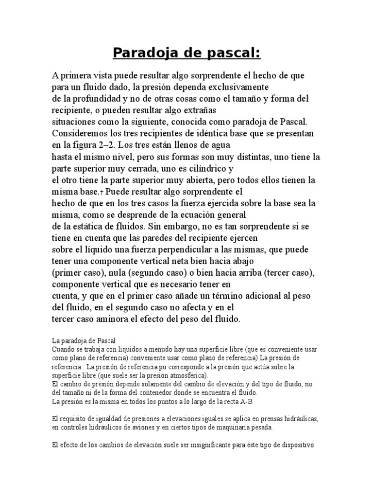 Paradoja de Pascal | PDF | Presión | Líquidos