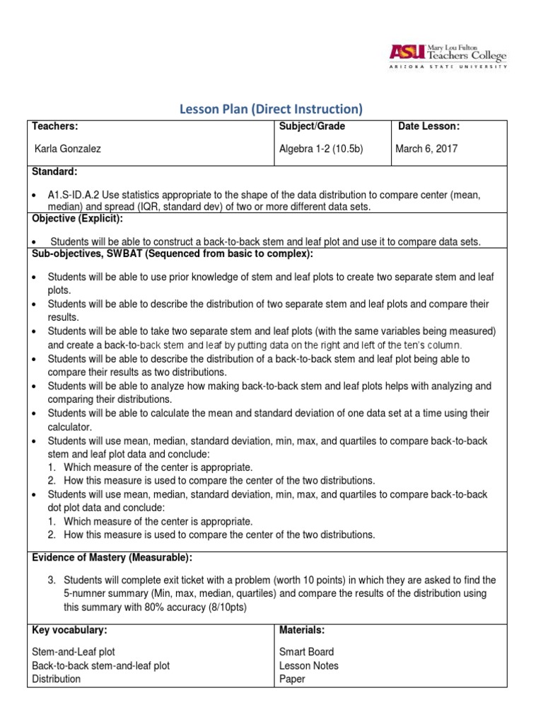 Alg1-2 10 5b Lesson Plan | PDF | Median | Lesson Plan