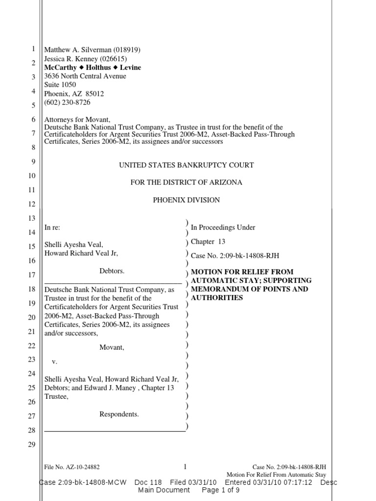 Veal 2nd Motion for Relief From Stay | Foreclosure | Bankruptcy In The ...